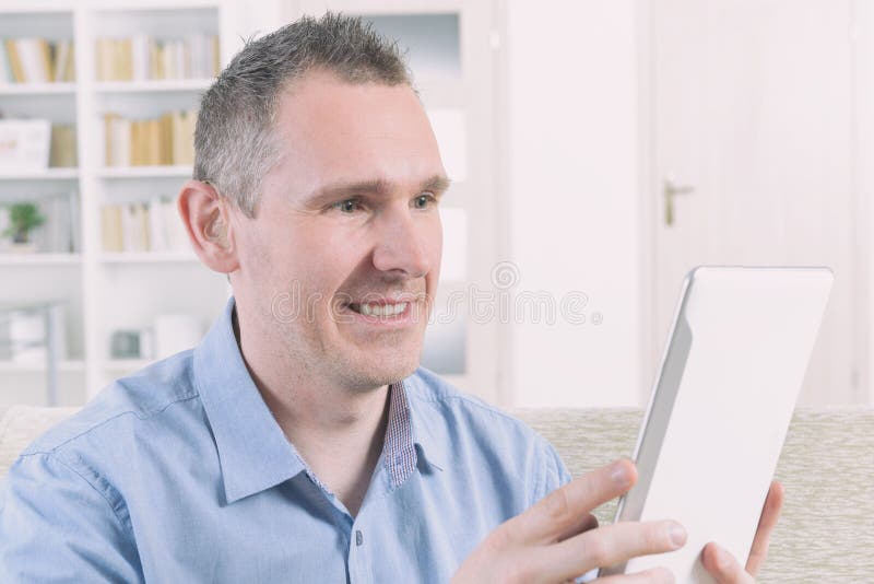 Deaf Man Using Sign Language on the Tablet Stock Image - Image of adult ...