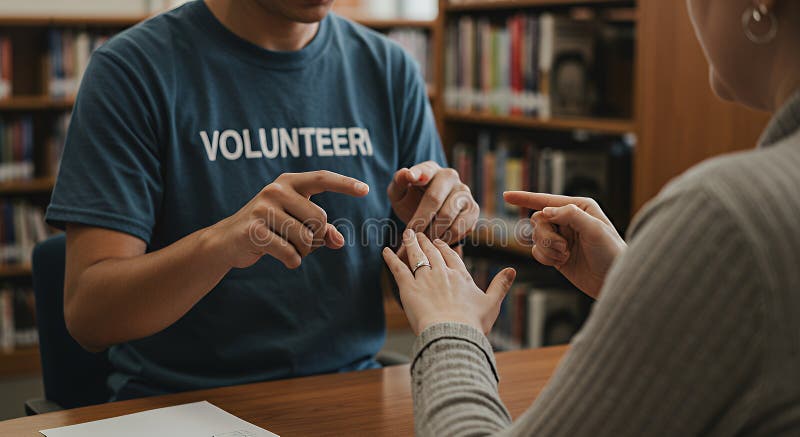 Deaf Volunteer Communicating with Patron Using Sign Language in a ...
