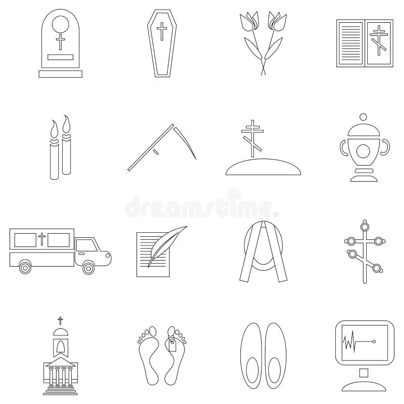 Death and Funeral Icons Set, Outline Style Stock Vector - Illustration ...