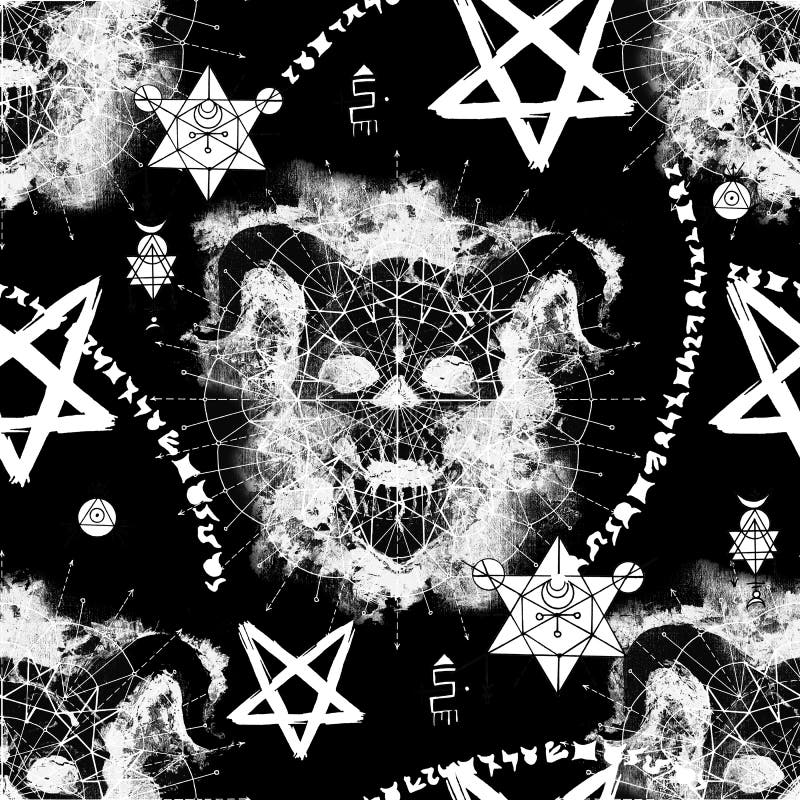 Seamless Pattern with Devil Skull, Mysterious Symbols and Pentagram on ...