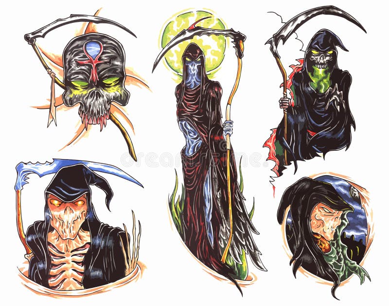Death Tattoo Flash Set. Set of Horror Labels and Elements. Vector ...