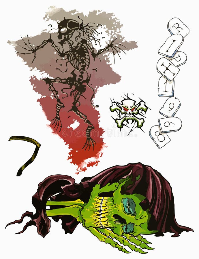 Death Tattoo Flash Set. Set of Horror Labels and Elements. Vector ...