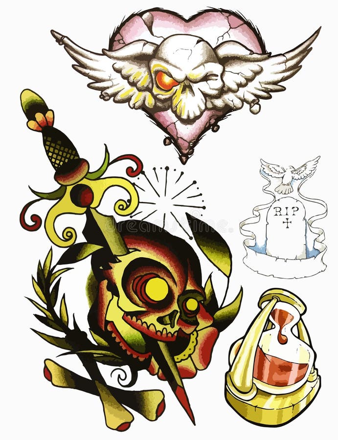 Death Tattoo Flash Set. Set of Horror Labels and Elements. Vector ...