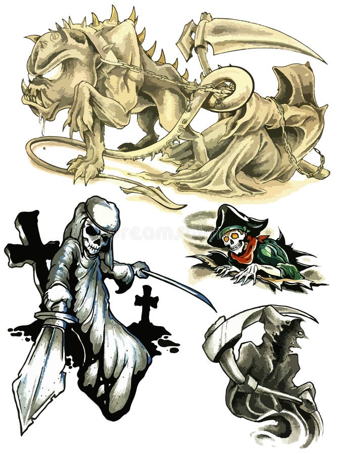 Death Tattoo Flash Set. Set of Horror Labels and Elements. Vector ...