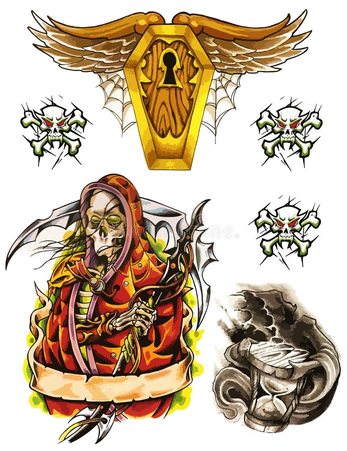 Death Tattoo Flash Set. Set of Horror Labels and Elements. Vector ...