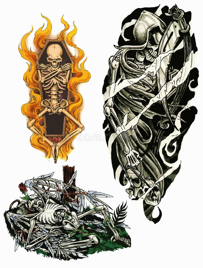 Death Tattoo Flash Set. Set of Horror Labels and Elements. Vector ...