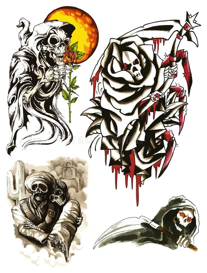 Death Tattoo Flash Set. Set of Horror Labels and Elements. Vector ...