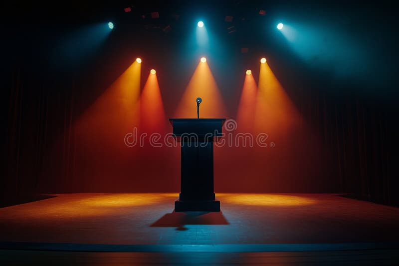 Empty Debate Stage Featuring a Podium Under Spotlights Stock Image ...