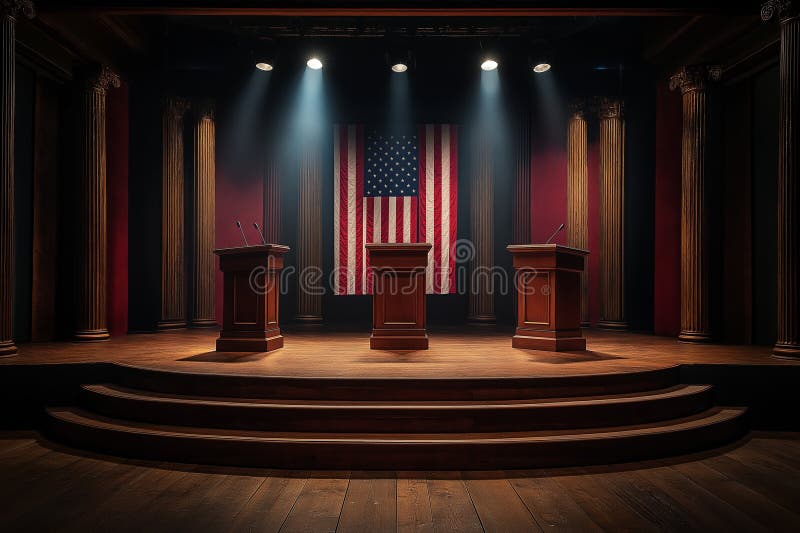 Empty Debate Stage Featuring Podiums Under Spotlights Stock Photo ...
