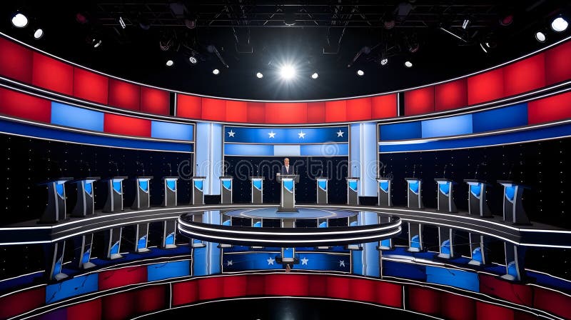 Debate Stage Set with Podiums and American Flag Backdrop Stock ...