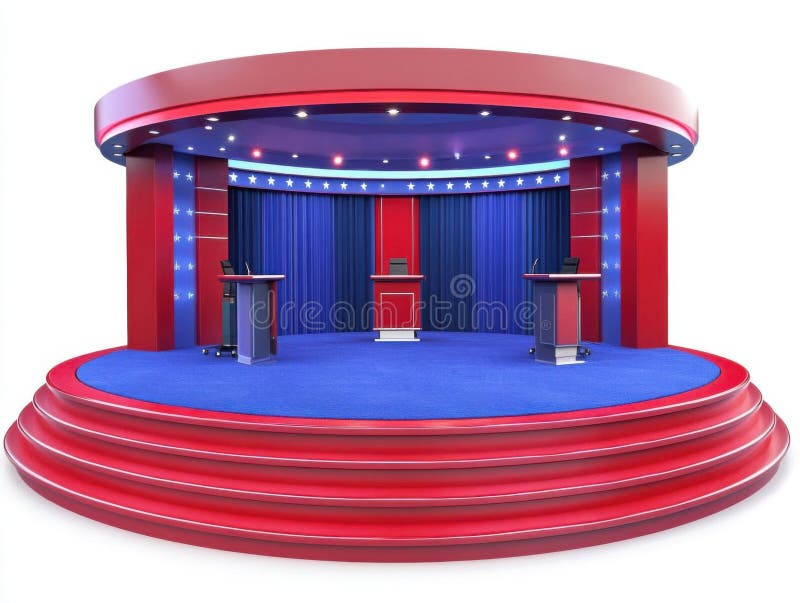 Debate Stage Setup Features Podiums, Microphones, and Backdrop with ...