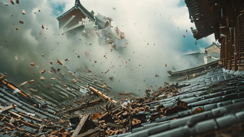 Debris from a Destroyed Rooftop Falls Like Rain in Front of a Weathered ...
