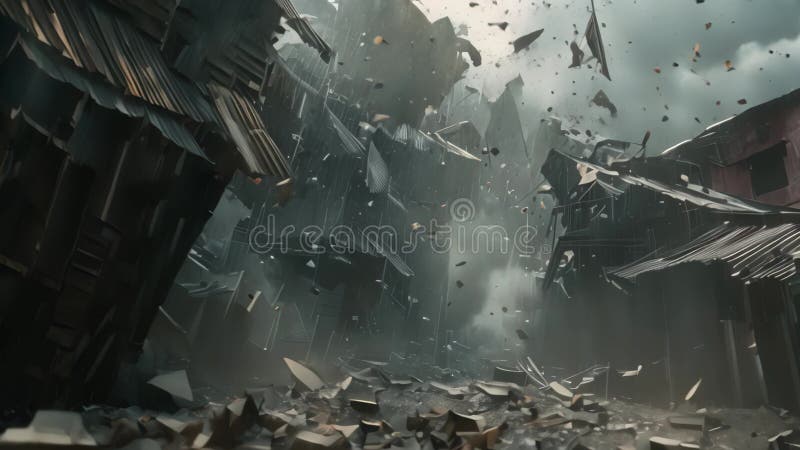 Debris Falls from the Roof of a Building, Creating a Rain of Rubble in ...