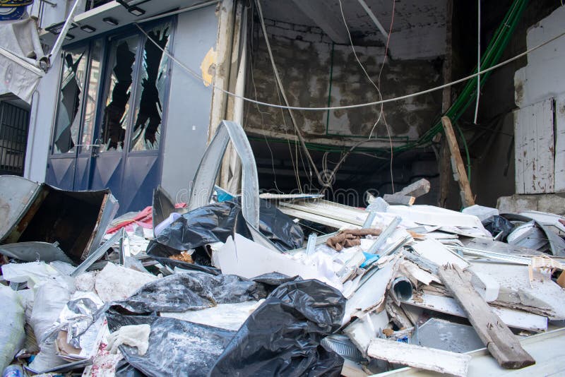 Debris in Front of a Collapsed Building Stock Image - Image of ...