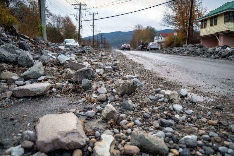Debris and Rocks Scattered on Damaged Road Stock Illustration ...