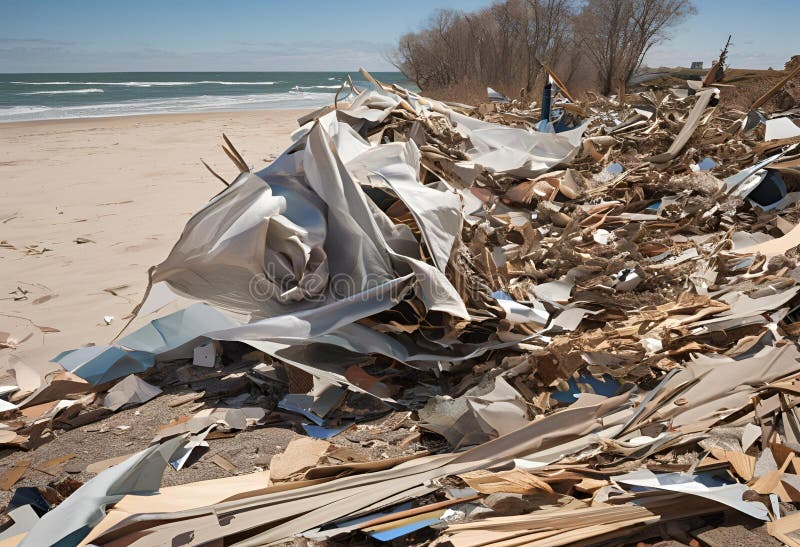 Debris from Storm Damage Piled Up on Beach.AI Generated Stock ...