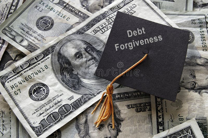 Debt Forgiveness Text on Mini Graduation Cap with Cash Stock Image ...