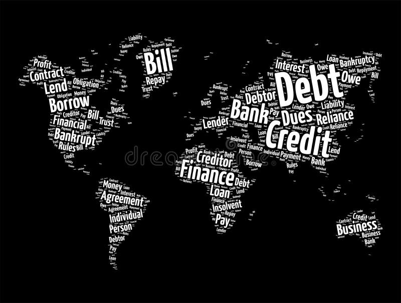 Debt Word Cloud in Shape of World Map, Finance Concept Background Stock ...