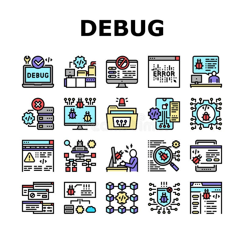 Debug Research And Fix Collection Icons Set Vector Stock Vector Illustration Of Testing