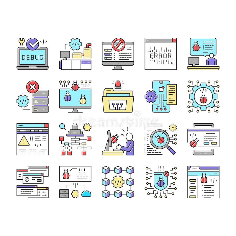 Debug Research and Fix Collection Icons Set Vector . Stock Vector ...