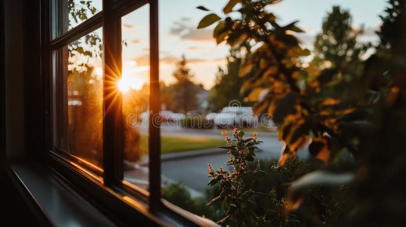 Debunking Day Warm Sunset View through Window with Plants Silhouette ...