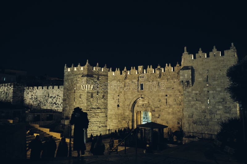 DEC 2020 - Damascus Gate at Night in Old JERUSALEM, ISRAEL Editorial ...