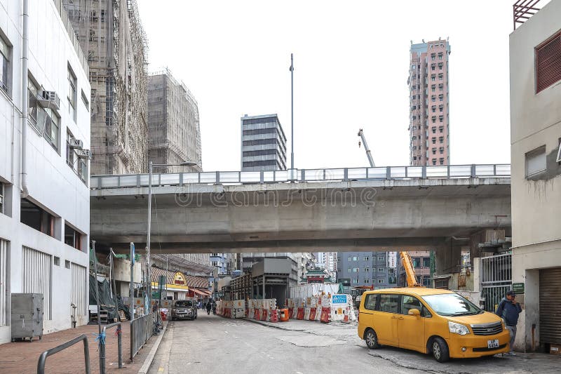 Urban Street Scene with Overpass and Construction in Progress at HK Dec ...