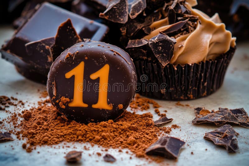 Decadent Chocolate Dessert with Number 11 on Truffle and Cocoa Powder ...