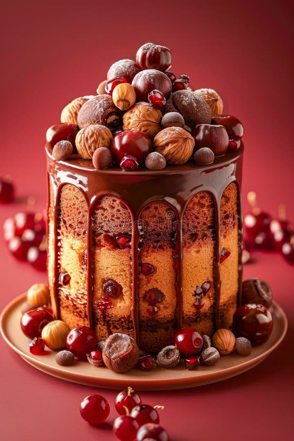Decadent Chocolate Drip Cake with Assorted Nuts and Berries on a Plate ...