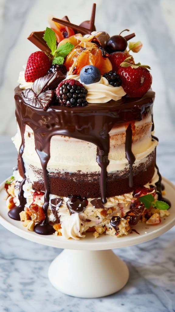 Decadent Chocolate Drip Cake with Berries and Nuts on White Stand Stock ...