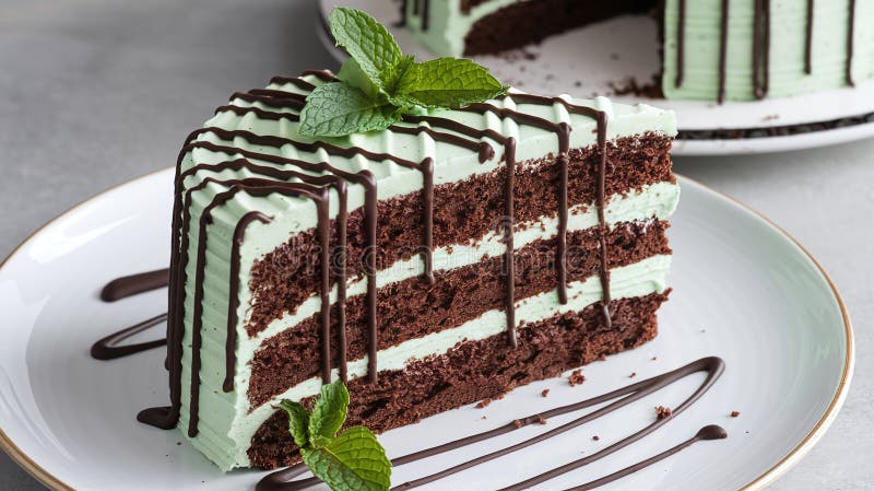 Decadent Chocolate Mint Cake Slice with Fresh Mint Garnish on White Plate Stock Illustration ...