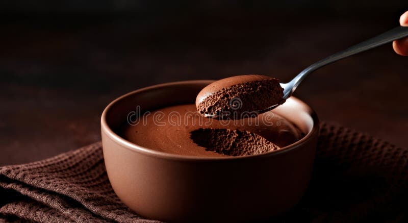Decadent Chocolate Mousse in Brown Bowl with Spoon on Dark Background ...