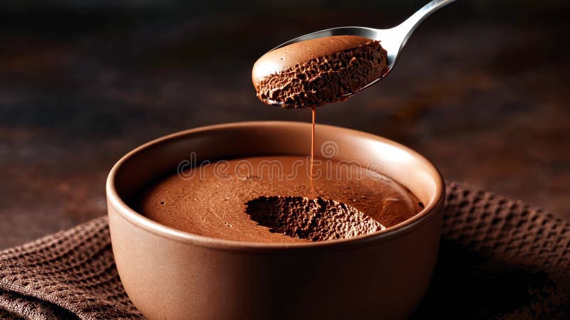 Decadent Chocolate Mousse in Brown Bowl with Spoon on Dark Background ...