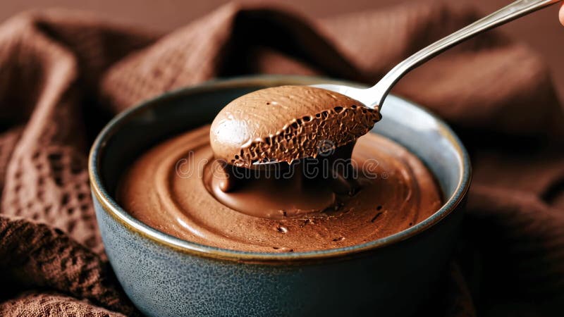 Decadent Chocolate Mousse in Brown Bowl with Spoon on Dark Background ...