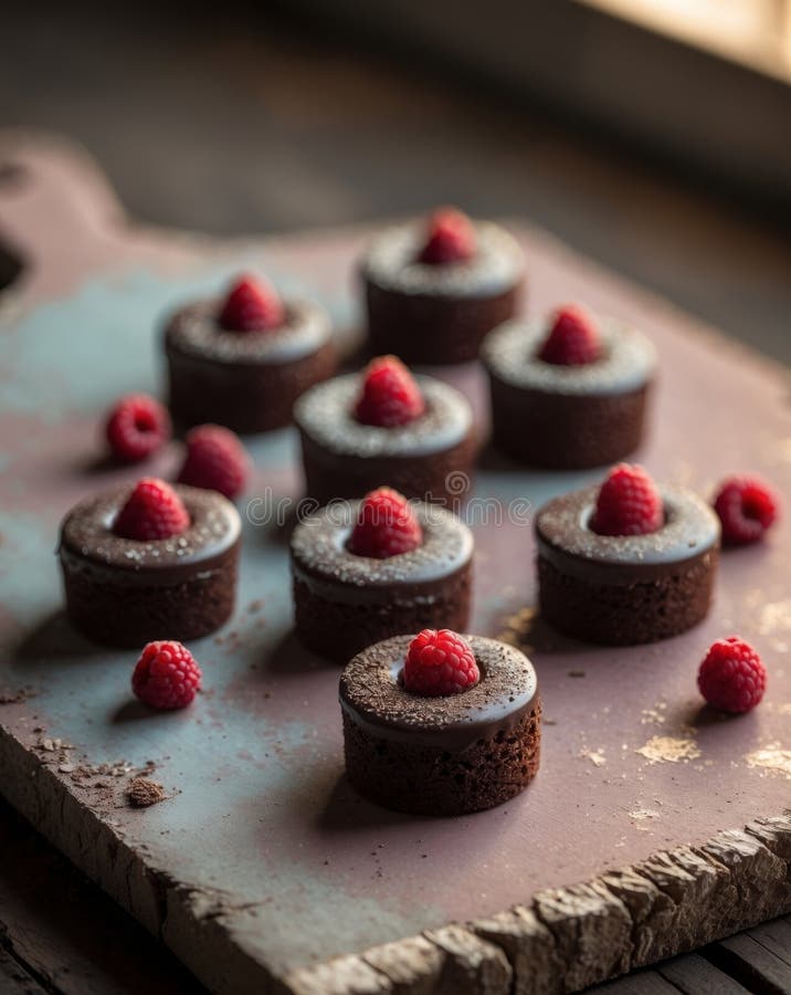 Decadent Chocolate Raspberry Mini Cakes on Wooden Board Stock Image ...