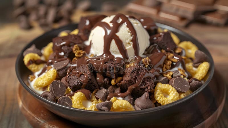 Decadent Chocolate Sundae with Vanilla Ice Cream and Crunchy Toppings ...