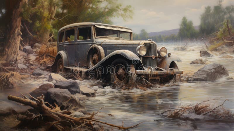 Decadent Decay: Old Cars in a River - a Grisaille Masterpiece Stock ...