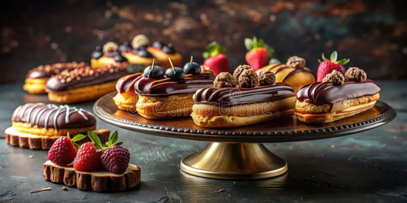 A Decadent Display of Chocolate Eclairs, Adorned with Assorted Berries ...