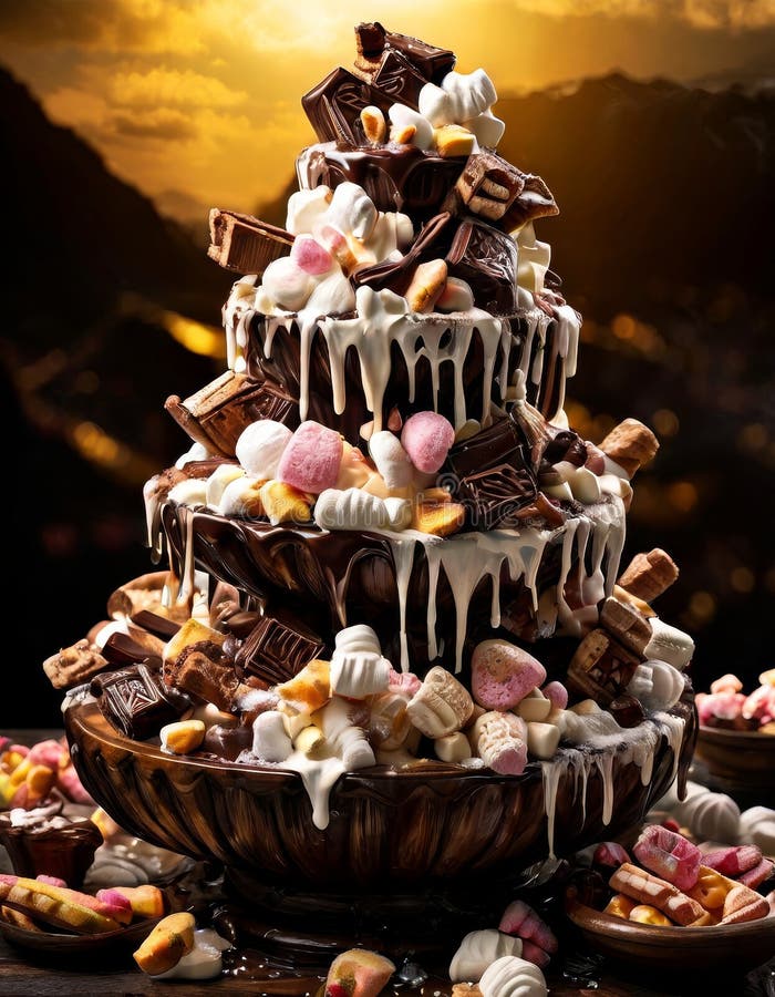 Overflowing Chocolate Fountain with Marshmallows and Treats at Sunset ...