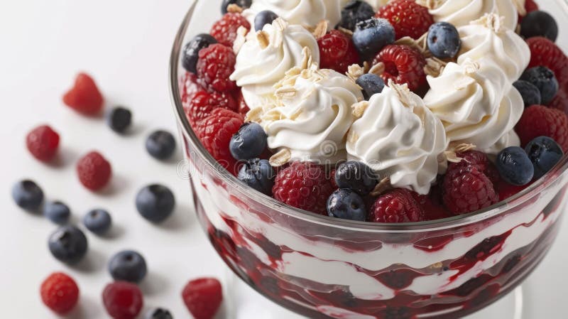 Decadent Mixed Berry Trifle with Whipped Cream and Nuts Stock Photo ...