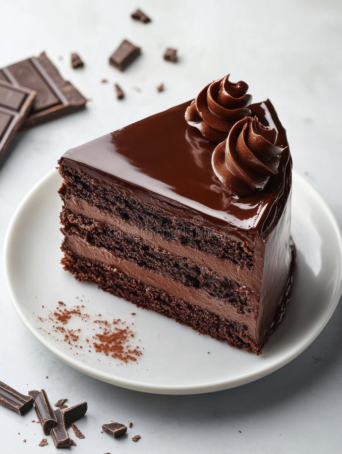 Decadent Slice of Dark Chocolate Cake on White Plate for Gourmet ...