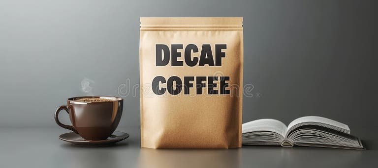 Decaf Coffee Package and Cup with Steam and Blurry Image of Stack of ...