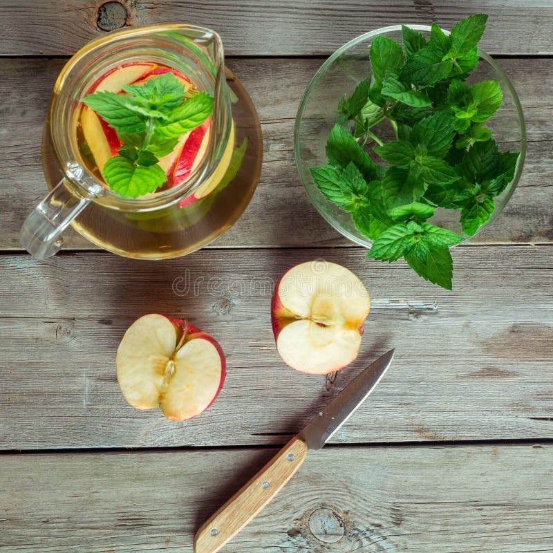 Decanter Cool Green Tea with Mint and Cut Apple Stock Photo - Image of ...