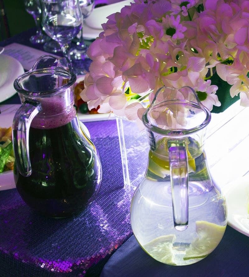 Decanters with Water and Juice in Cafe Stock Photo - Image of lunch ...