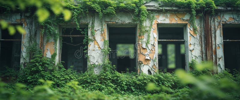 Decayed Building Facade Covered in Vegetation Showing Age and Neglect ...