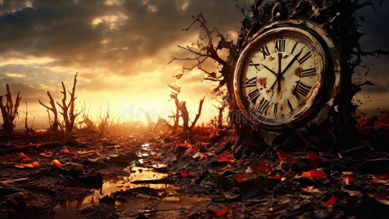 Decayed Clock in a Post-apocalyptic Landscape at Sunset Stock Image ...