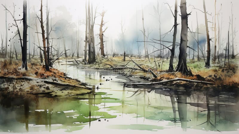 Decayed Forest: Watercolor Painting of a Desolate Landscape Stock ...