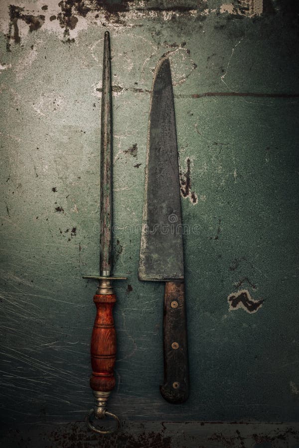 Decayed Metallic Texture with Set of Old Knife Sharpener and Knife ...