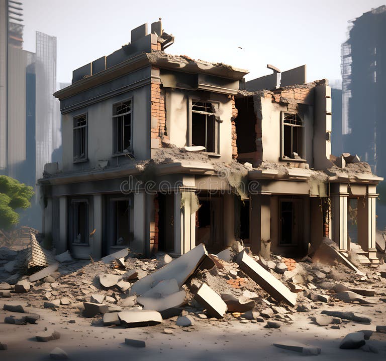 Decayed Remnants: 3D Render of a Destroyed Building Against a Solid ...