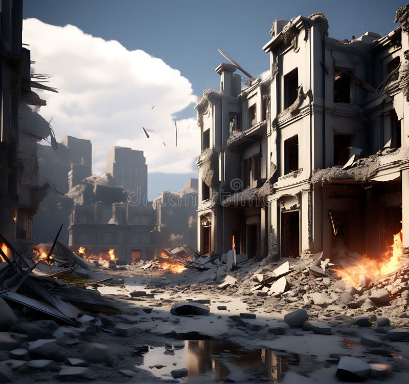 Decayed Remnants: 3D Render of a Destroyed Building Against a Solid ...